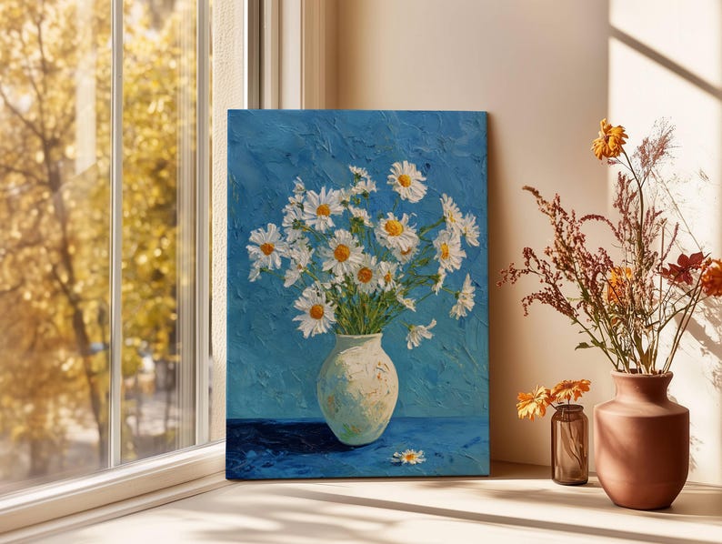 Daisy Floral Wall Art Print | Impressionist Blue Still Life Painting ...