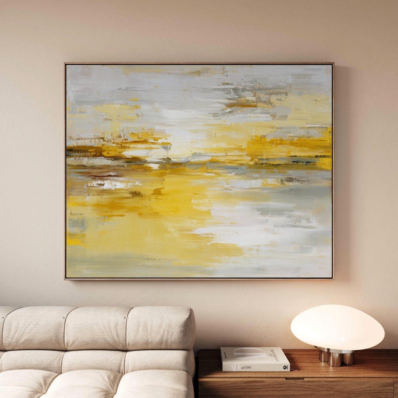 Yellow White Abstract Canvas Wall Art Modern Painting Contemporary ...