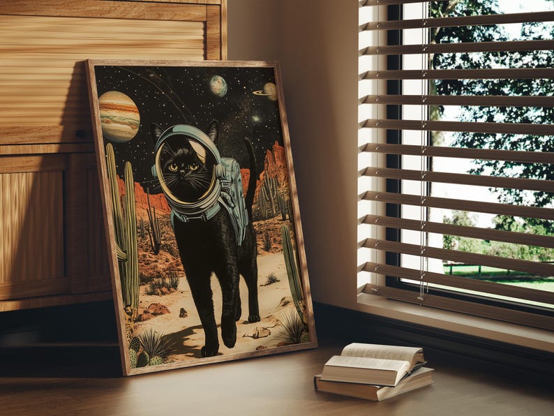 Space Cat Art Print, Astronaut Cat Wall Art, Cosmic Desert Decor ...