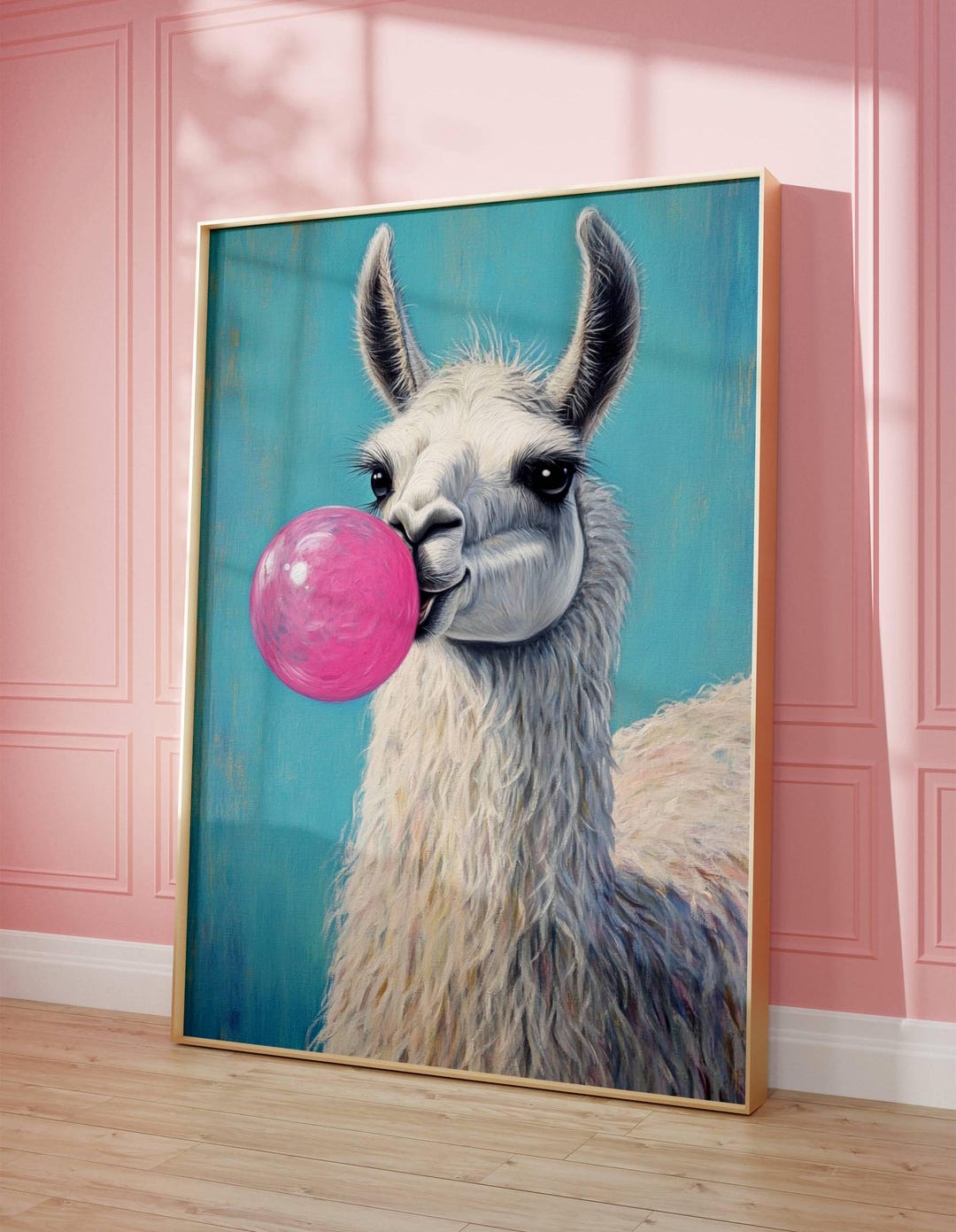 Funny Llama Blowing Pink Bubble Gum Art Print, Cute Animal Nursery ...
