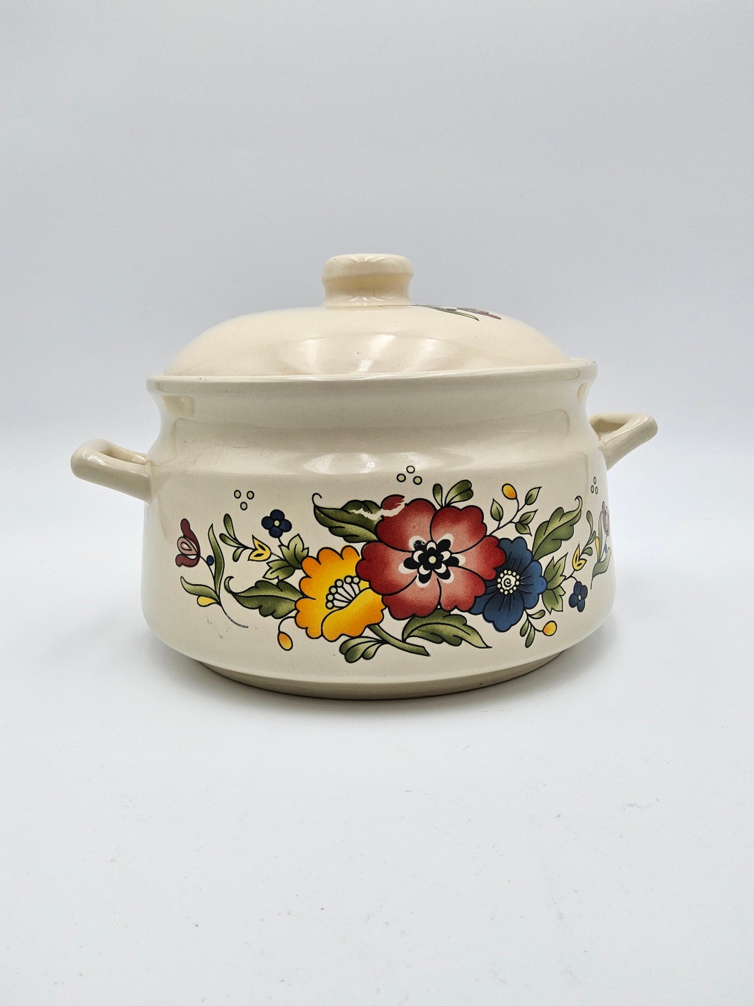 Large Ceramic Floral Pot With Lid 1970s Floral Dutch Oven Roasting Pot ...