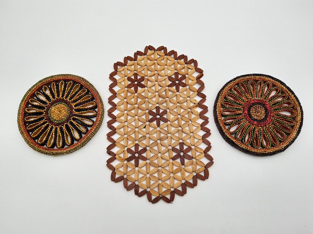 1970s Crochet Wooden Trivet Set Bohemian Wall Art Beaded Trivets Beaded ...