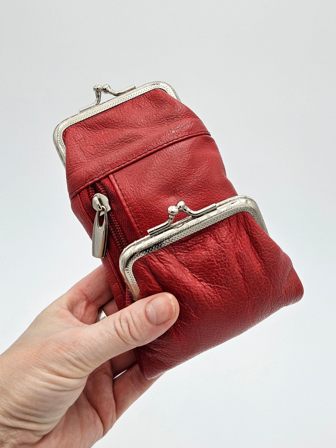 Red Leather Cigarette Case Leather Coin Purse 80s Red Leather Bag Kiss ...