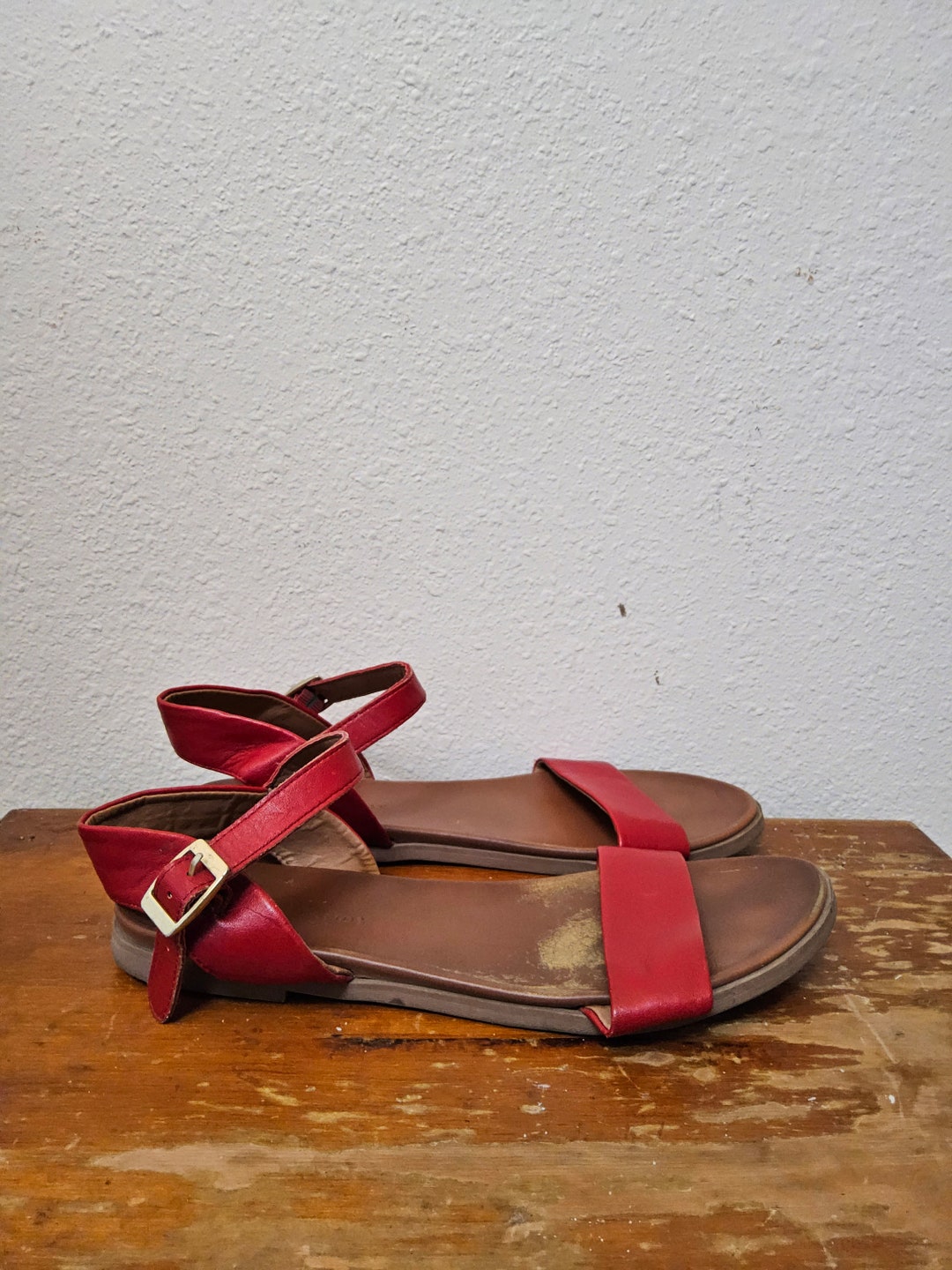 Red Leather Strappy Sandals Womens 8 Red Flats 8 Womens Red Sandals 8 ...