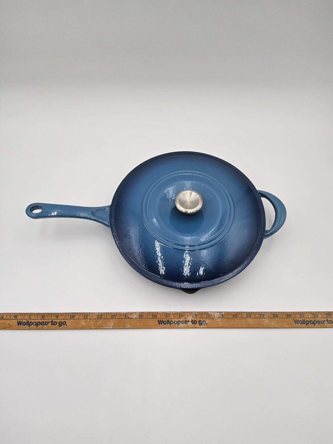 Blue Cast Iron Enamel Frying Pan With Lid Vintage Cast Iron Skillet ...