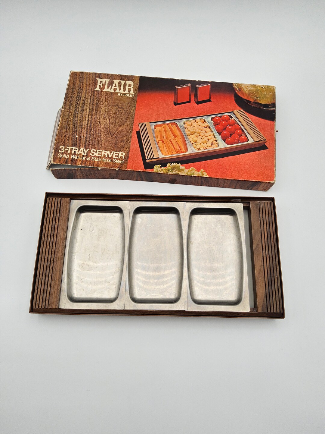 1970s Serving Tray Wood and Metal Tripple Serving Tray Condiment Tray ...