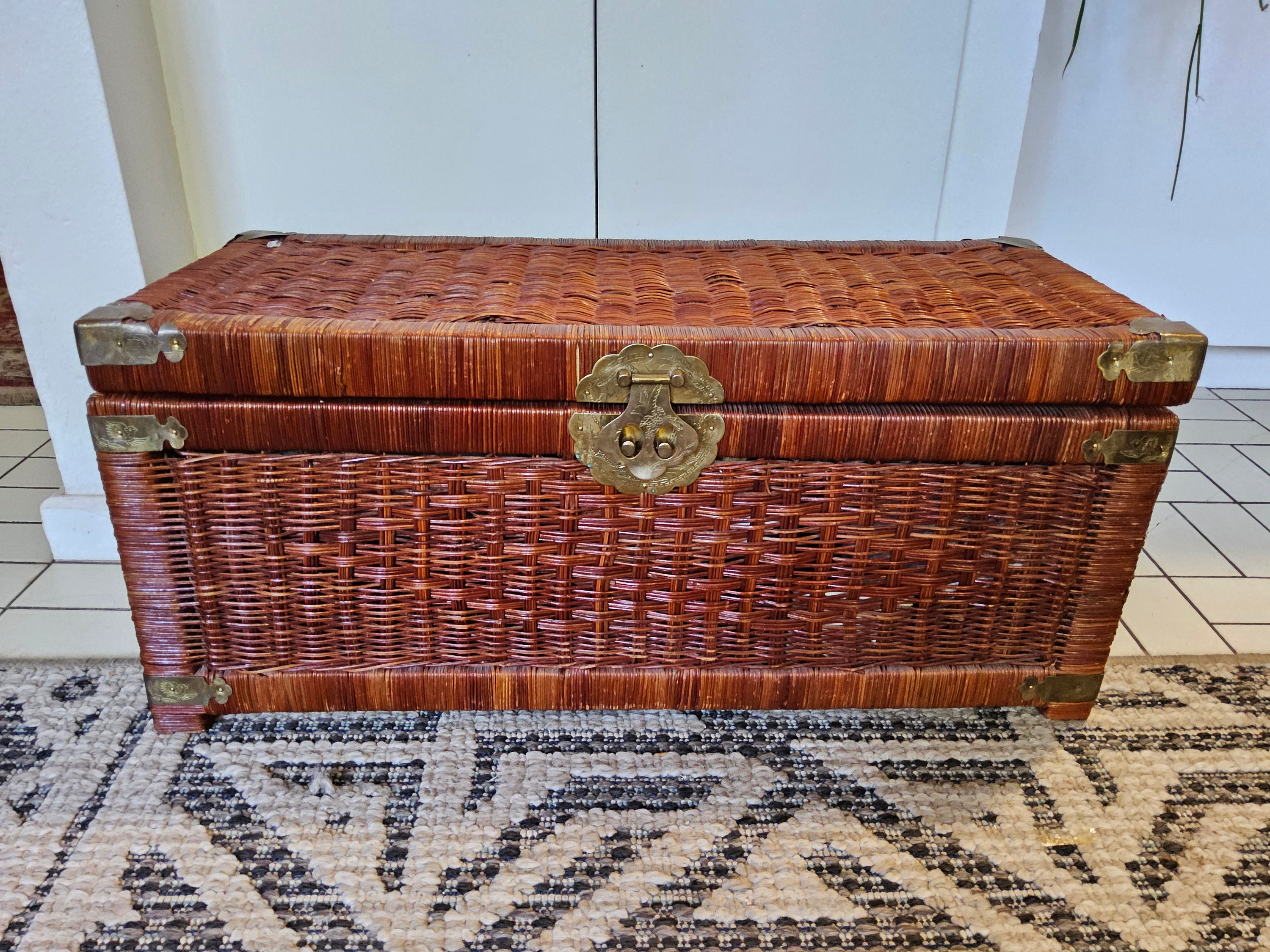 Vintage Wicker Trunk Large Rattan Chest Wicker Chest Campaign Trunk ...