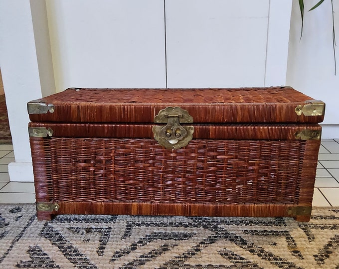 Vintage Wicker Trunk Large Rattan Chest Wicker Chest Campaign Trunk ...