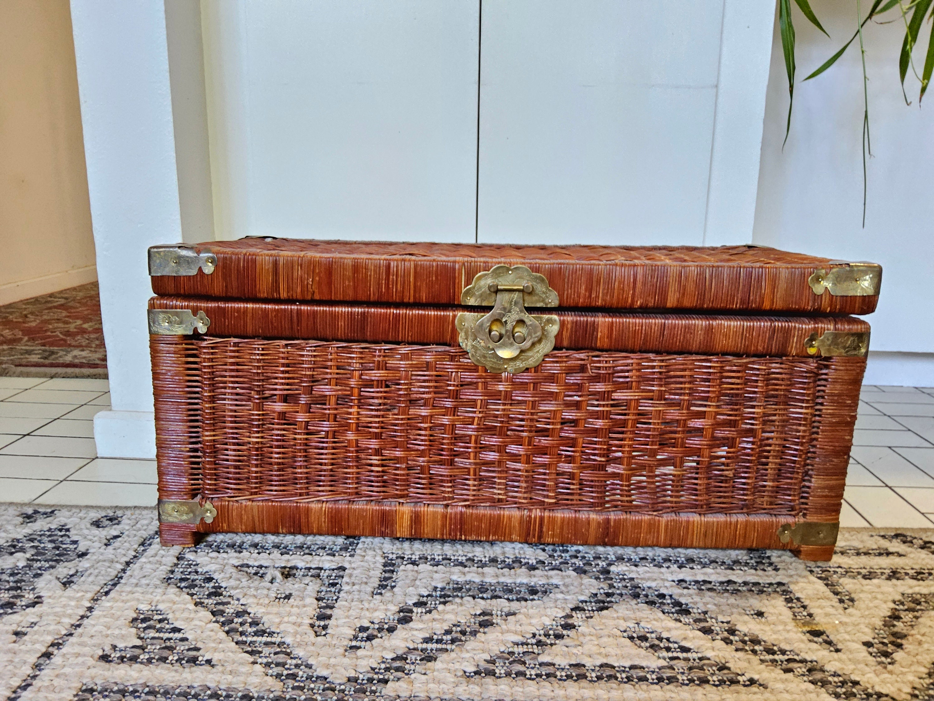 Vintage Wicker Trunk Large Rattan Chest Wicker Chest Campaign Trunk ...