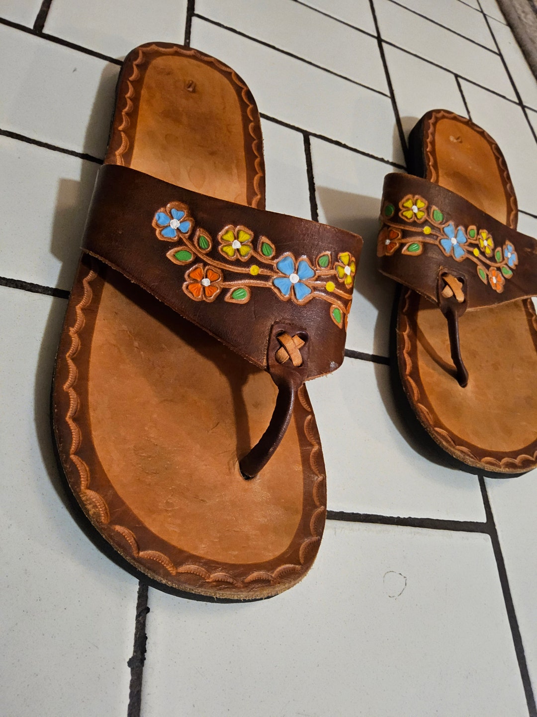 Womens Brown Leather Floral Sandals 8 Leather Hippie Sandals Boho ...