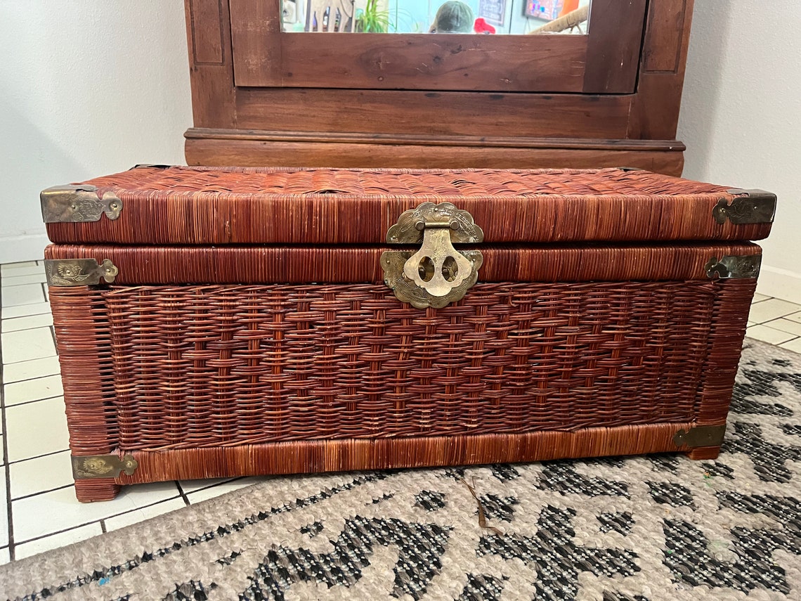 Vintage Wicker Trunk Large Rattan Chest Wicker Chest Campaign Trunk ...