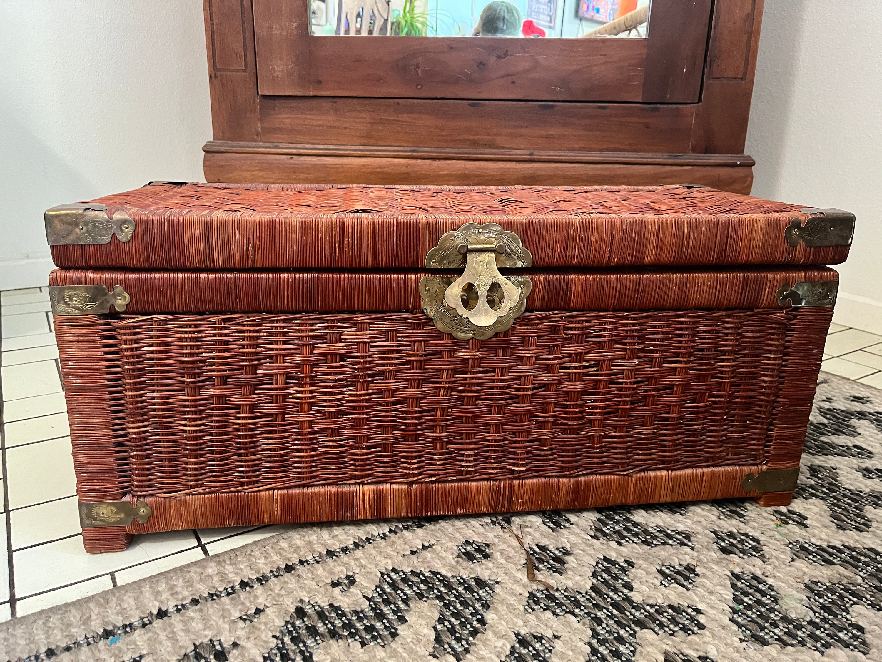 Vintage Wicker Trunk Large Rattan Chest Wicker Chest Campaign Trunk ...