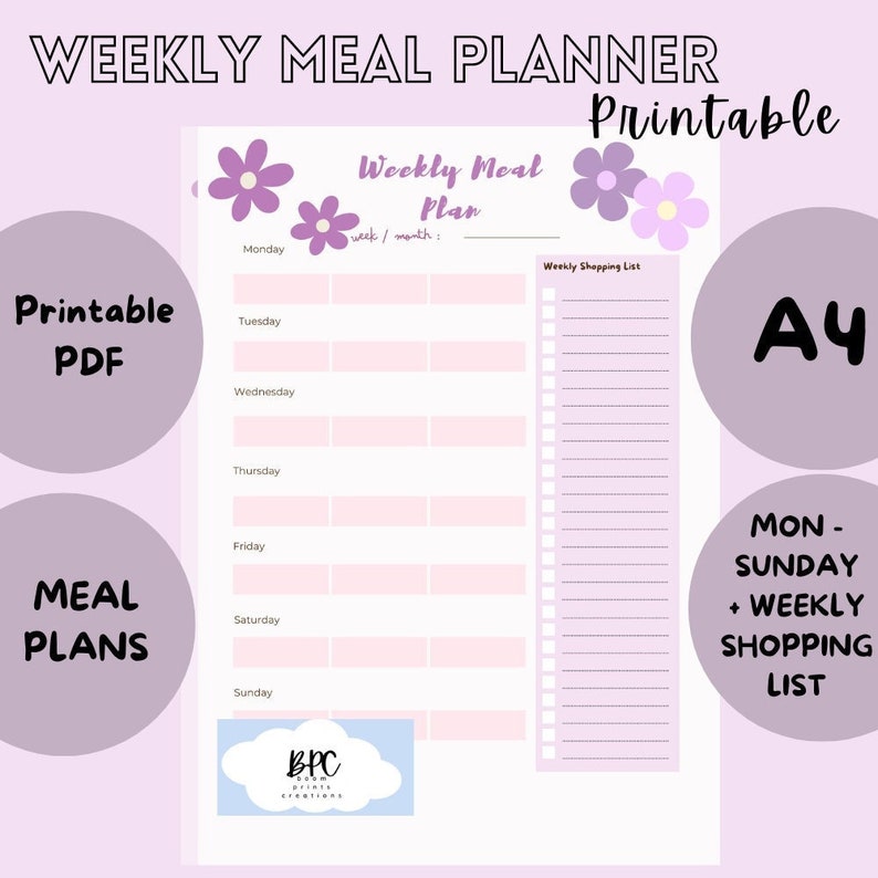 Printable Weekly Meal Planner A4, Food Diary, Meal Tracker, Food ...
