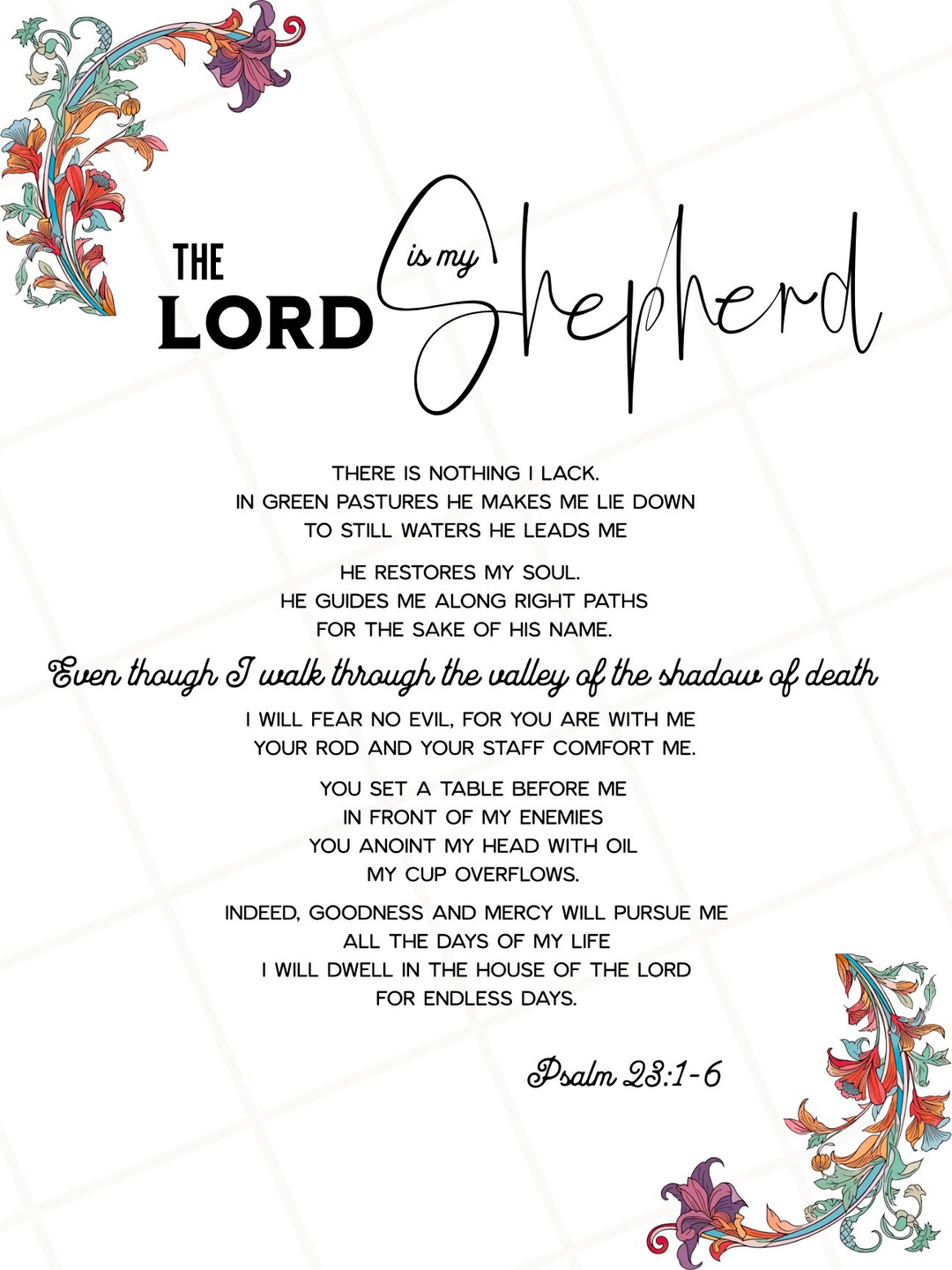 23rd Psalm Print, the Lord is My Shepherd, 23rd Psalm Wall Art, Psalm ...