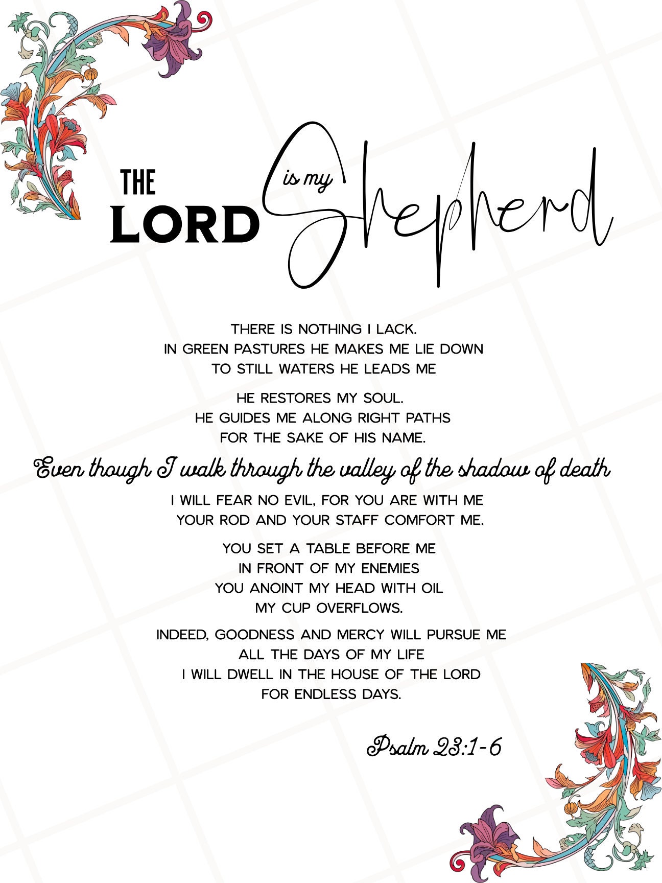 23rd Psalm Print, the Lord is My Shepherd, 23rd Psalm Wall Art, Psalm ...