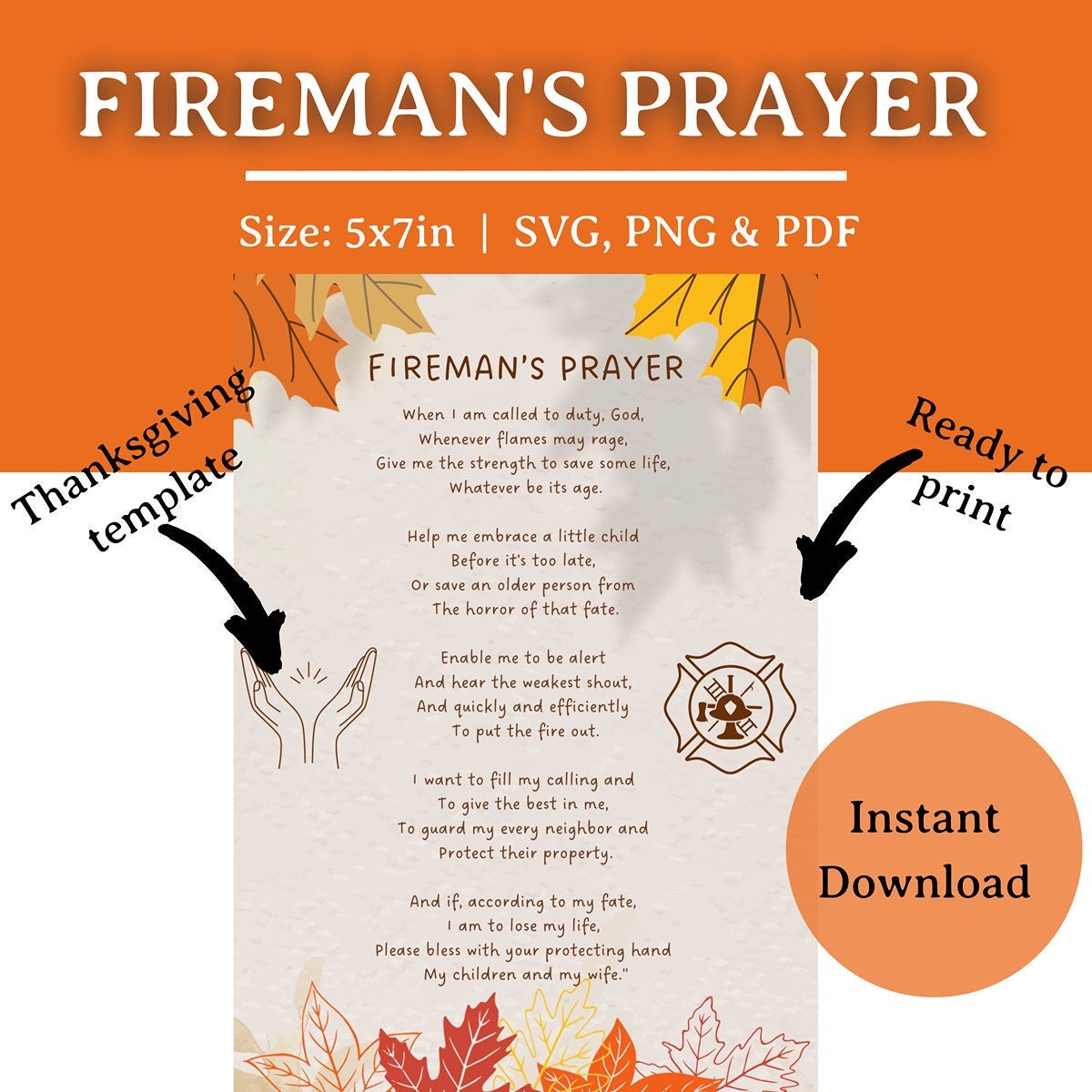 Thanksgiving Fireman Prayer SVG PNG PDF, Fireman's Prayer Svg ...