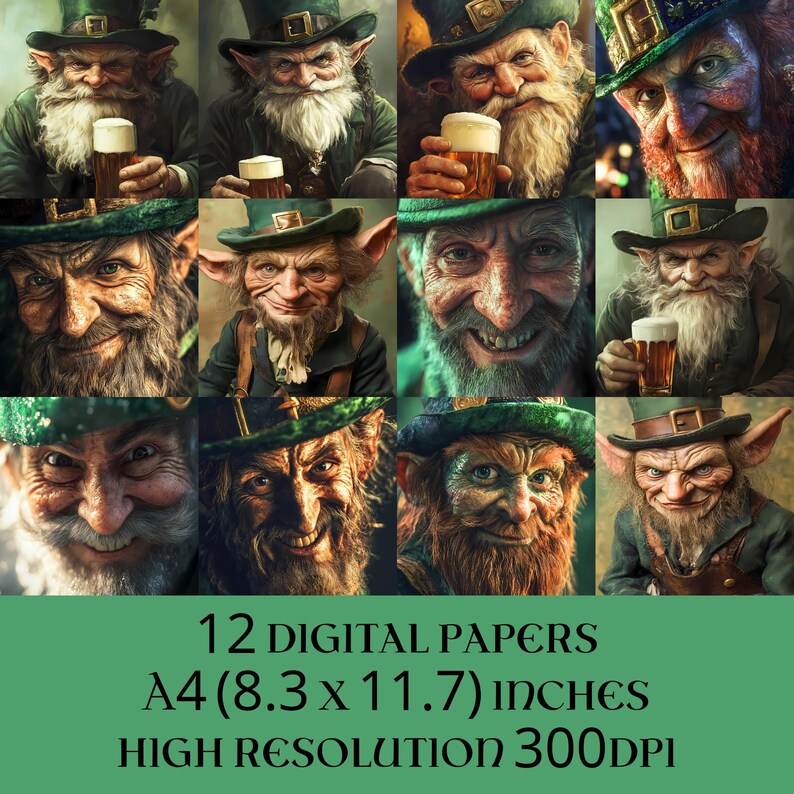 12 Irish Leprechaun Digital Paper Pack, Commercial Use Junk Journal ...
