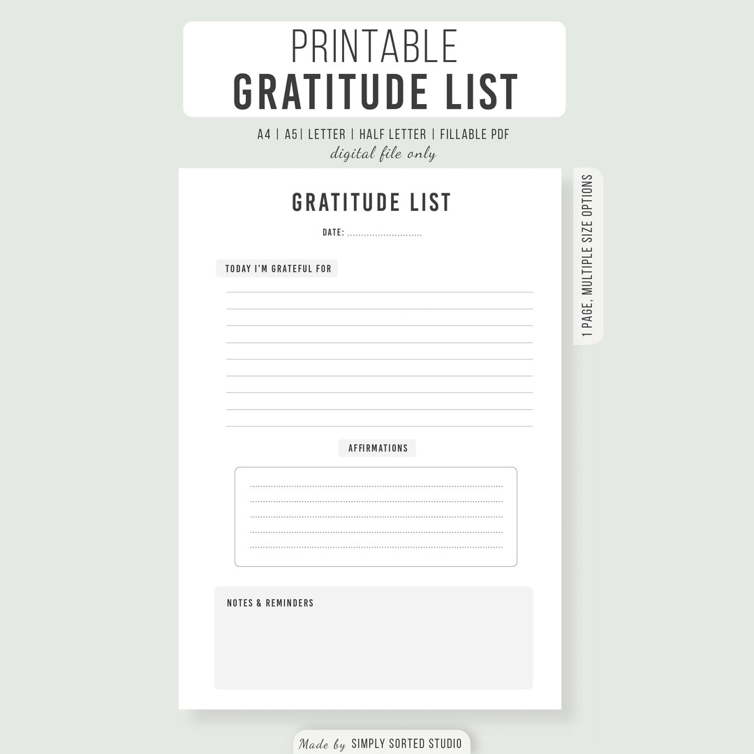 Daily Gratitude List - A4, A5, Letter, Half Letter, Fillable PDF - Etsy