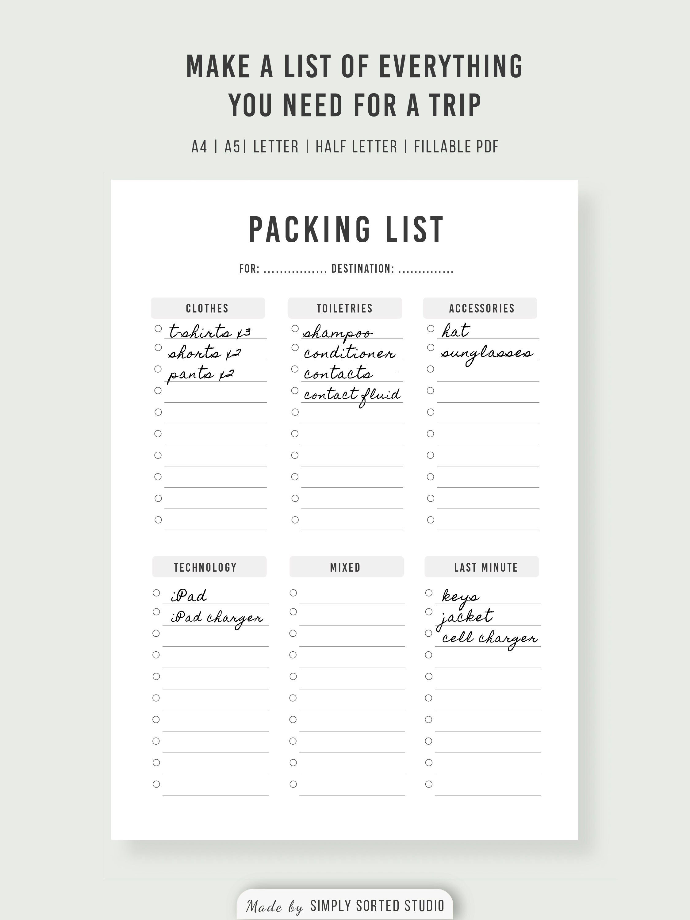 Packing List Printable, Fillable PDF, A4, A5, Letter - Etsy
