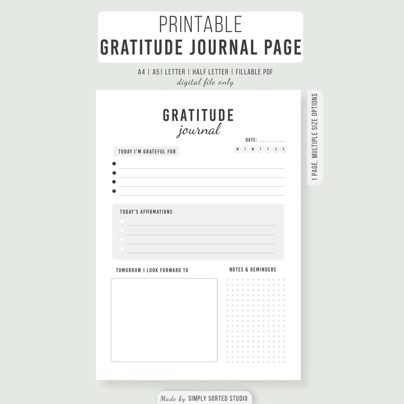Digital Gratitude Journal - Printable, Fillable PDF, A4, A5, Letter ...