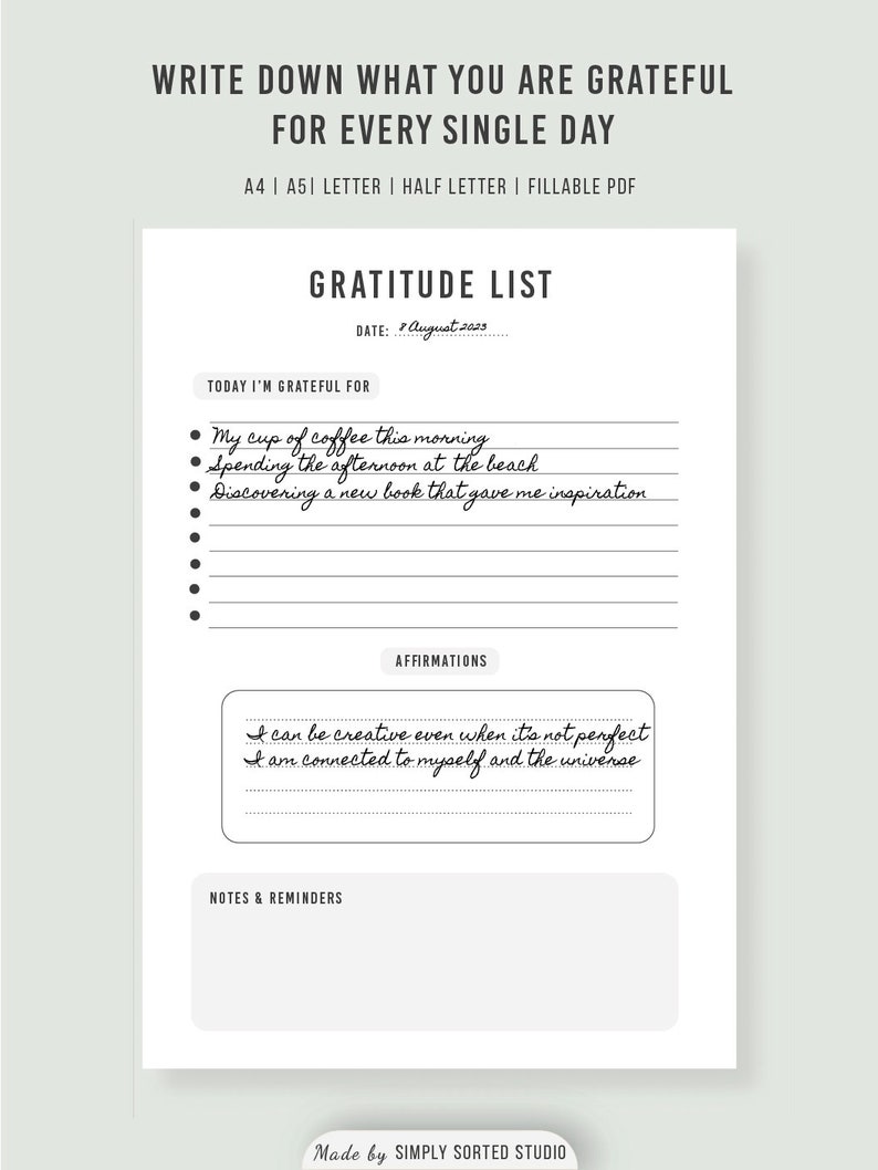 Daily Gratitude List - A4, A5, Letter, Half Letter, Fillable PDF - Etsy