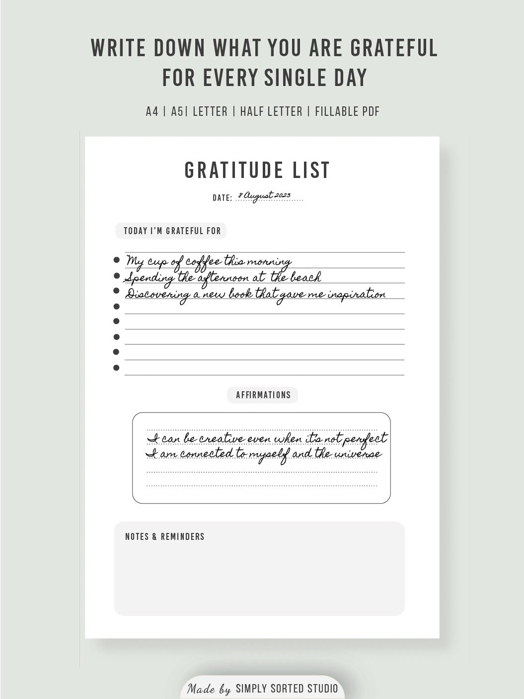 Daily Gratitude List - A4, A5, Letter, Half Letter, Fillable PDF - Etsy