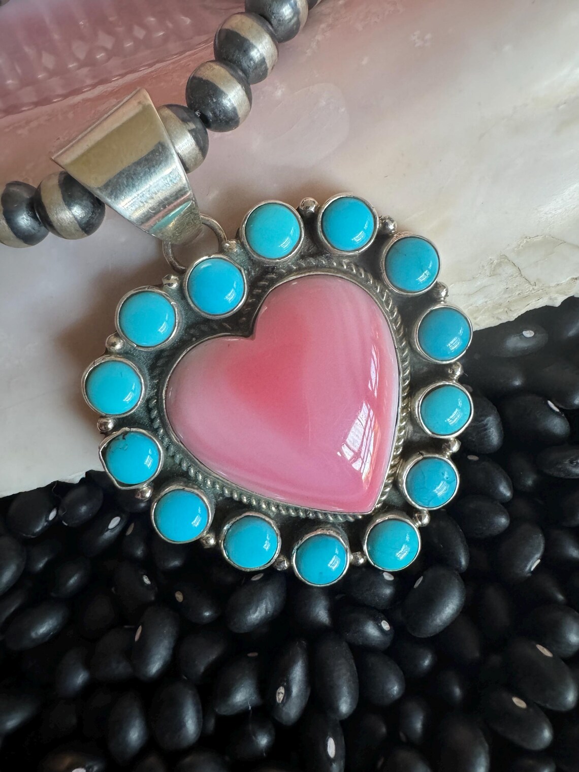 Sterling Silver, Pink Conch & Turquoise Heart-shaped Pendant - Etsy