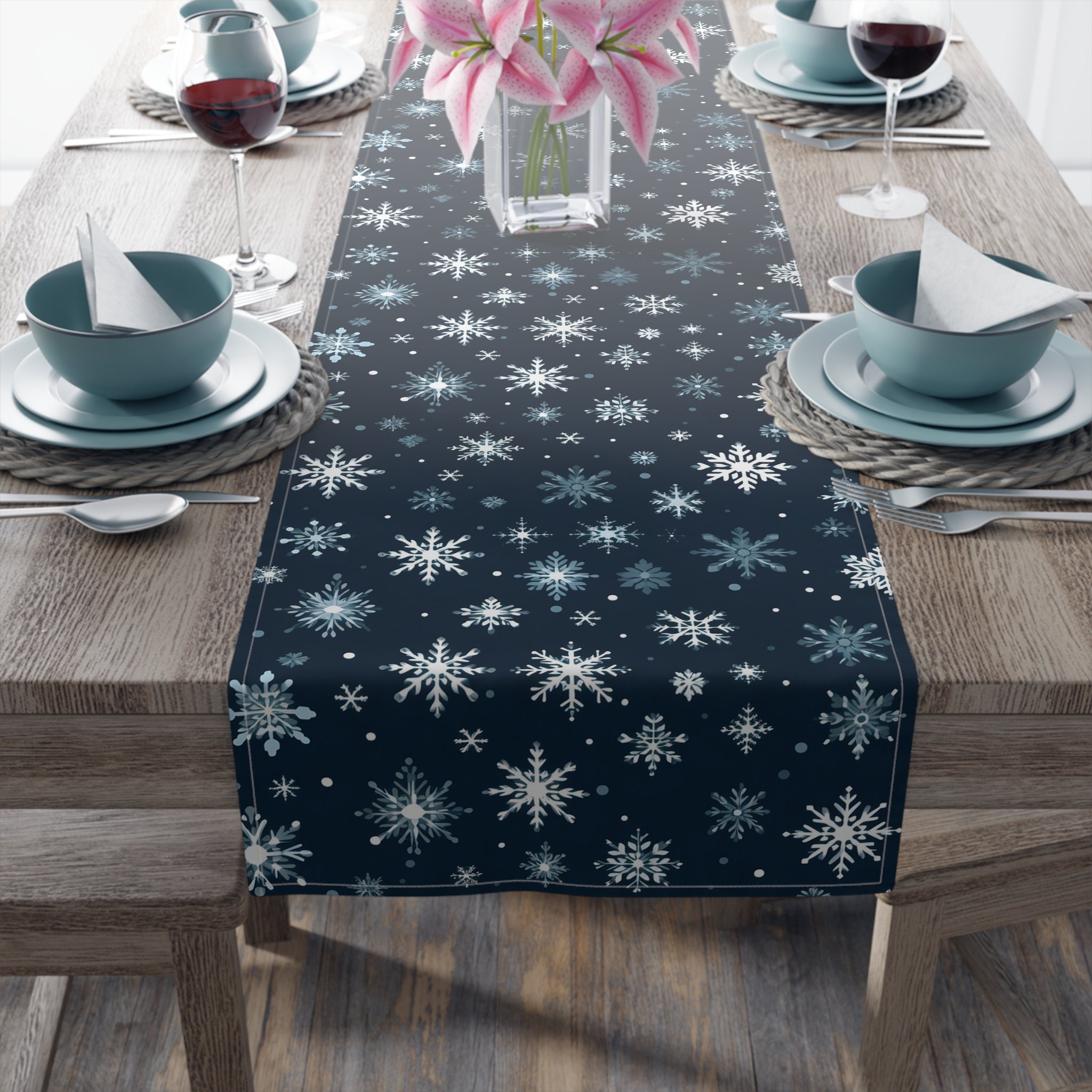Navy Blue Snowflake Table Runner, Polyester / Cotton Table Runner ...