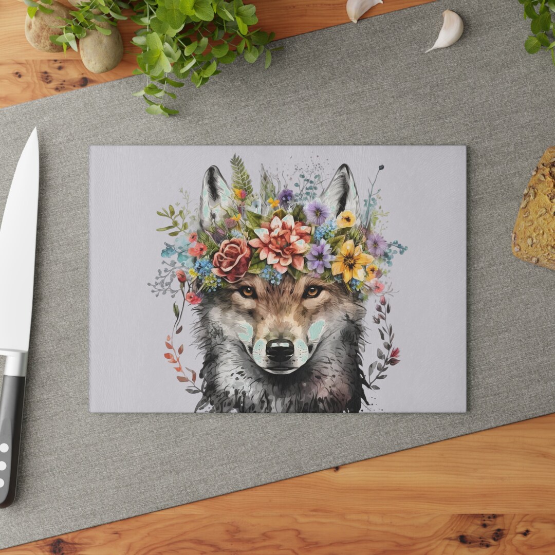 Wolf Cutting Board Watercolor Wolf With a Flower Crown - Etsy