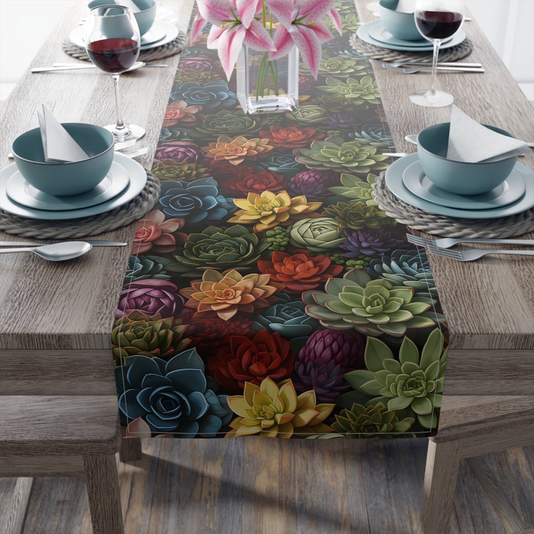 Succulent Table Runner, Unique Floral Table Runner, Polyester or Cotton Table Runner, Colorful ...