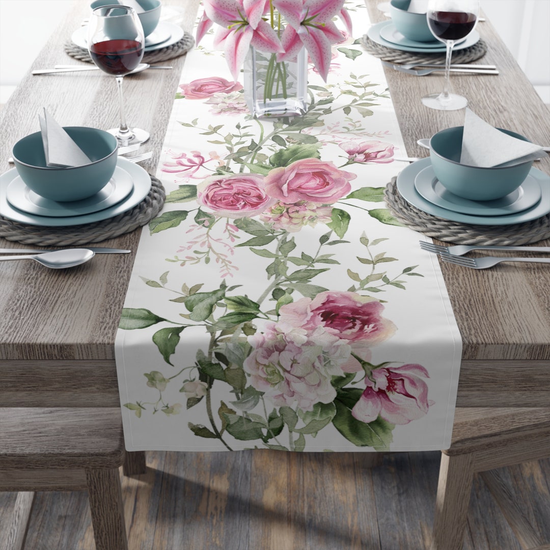Pink Floral Table Runner, Polyester or Cotton Table Runner, Pink Flower ...