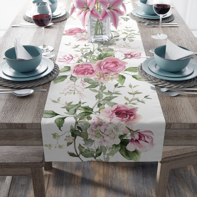 Pink Floral Table Runner, Polyester or Cotton Table Runner, Pink Flower ...
