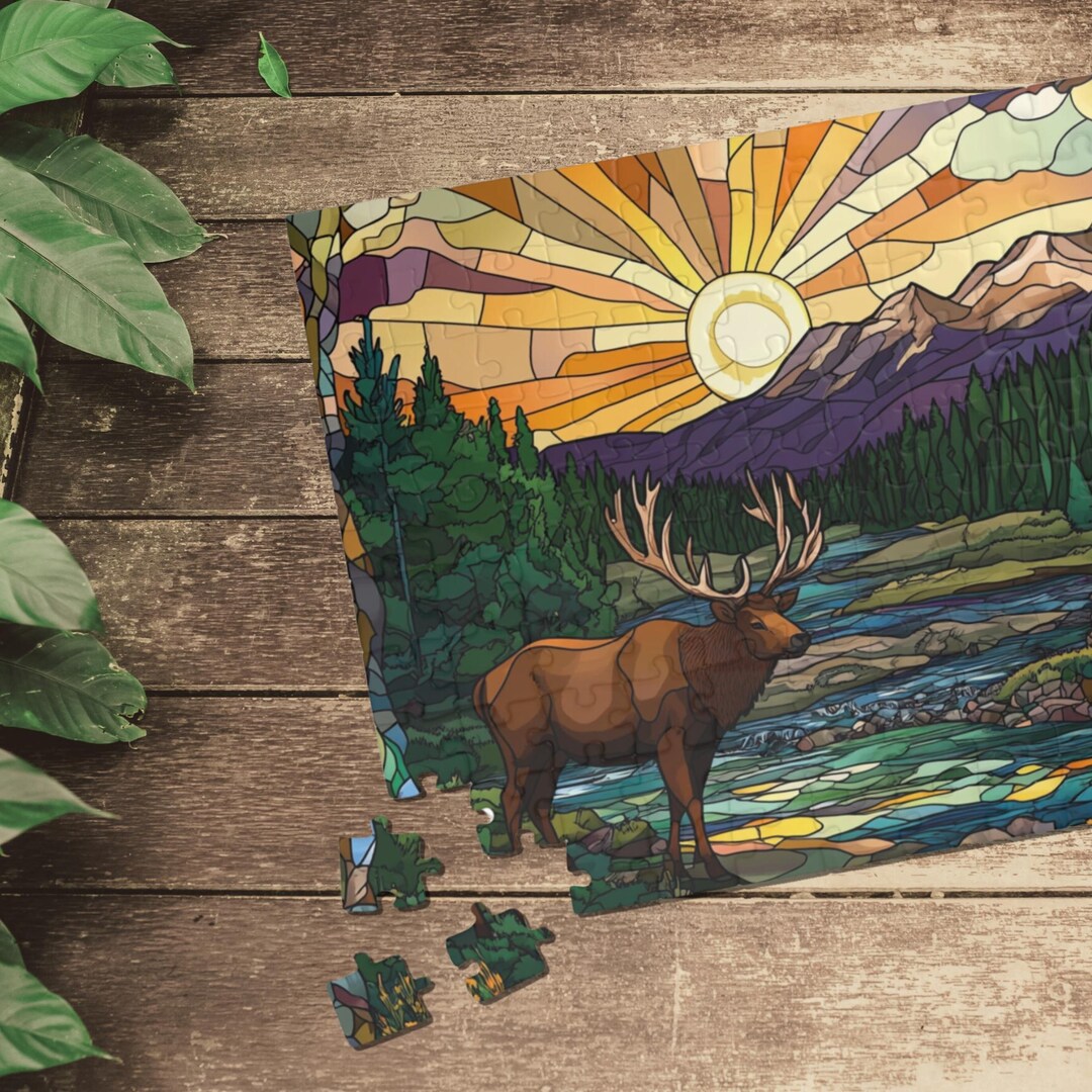 Beautiful Stained Glass Elk Puzzle, Nature Scene Puzzle, Scenic ...