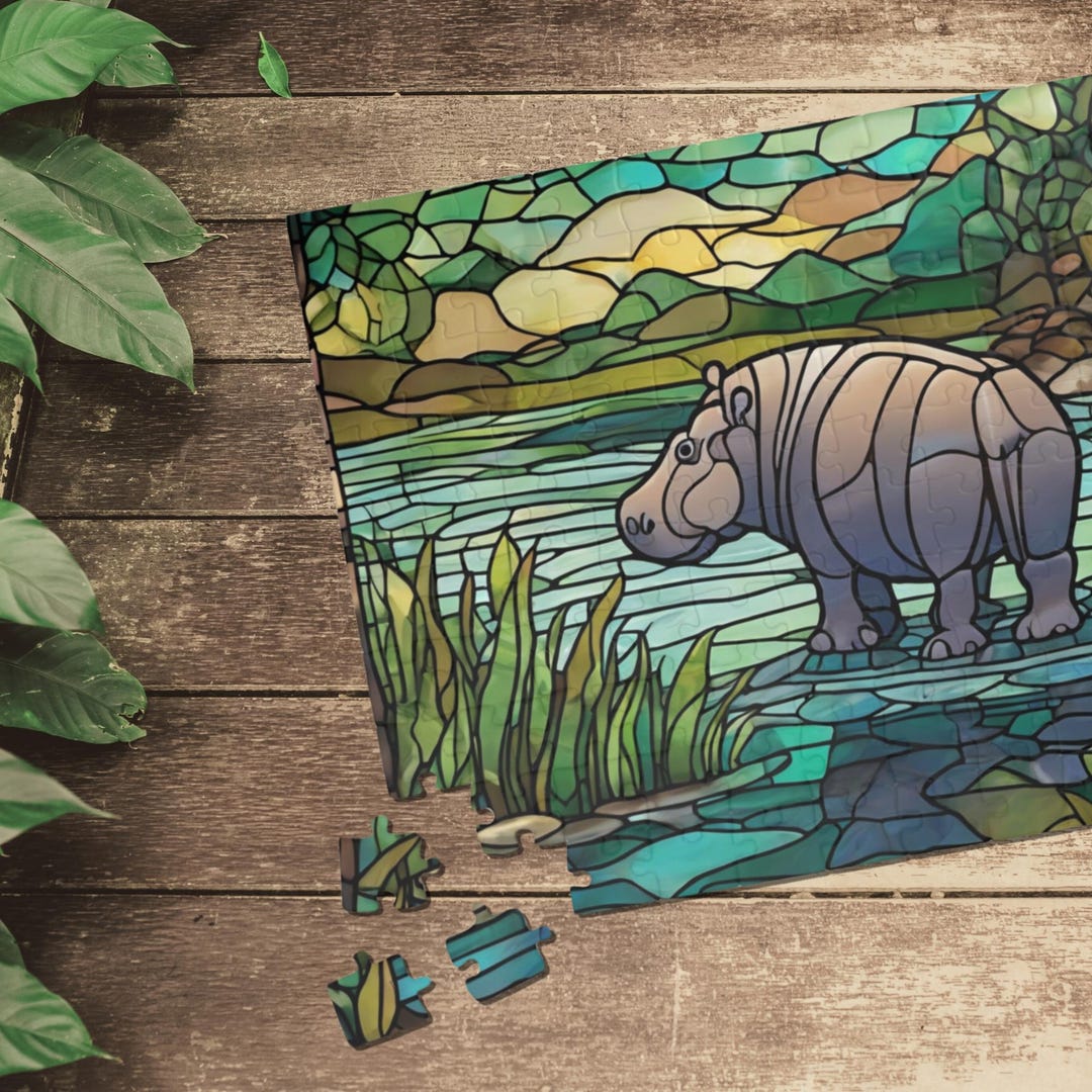 Stained Glass Hippopotamus Puzzle Vibrant Animal Jigsaw Puzzle Colorful ...