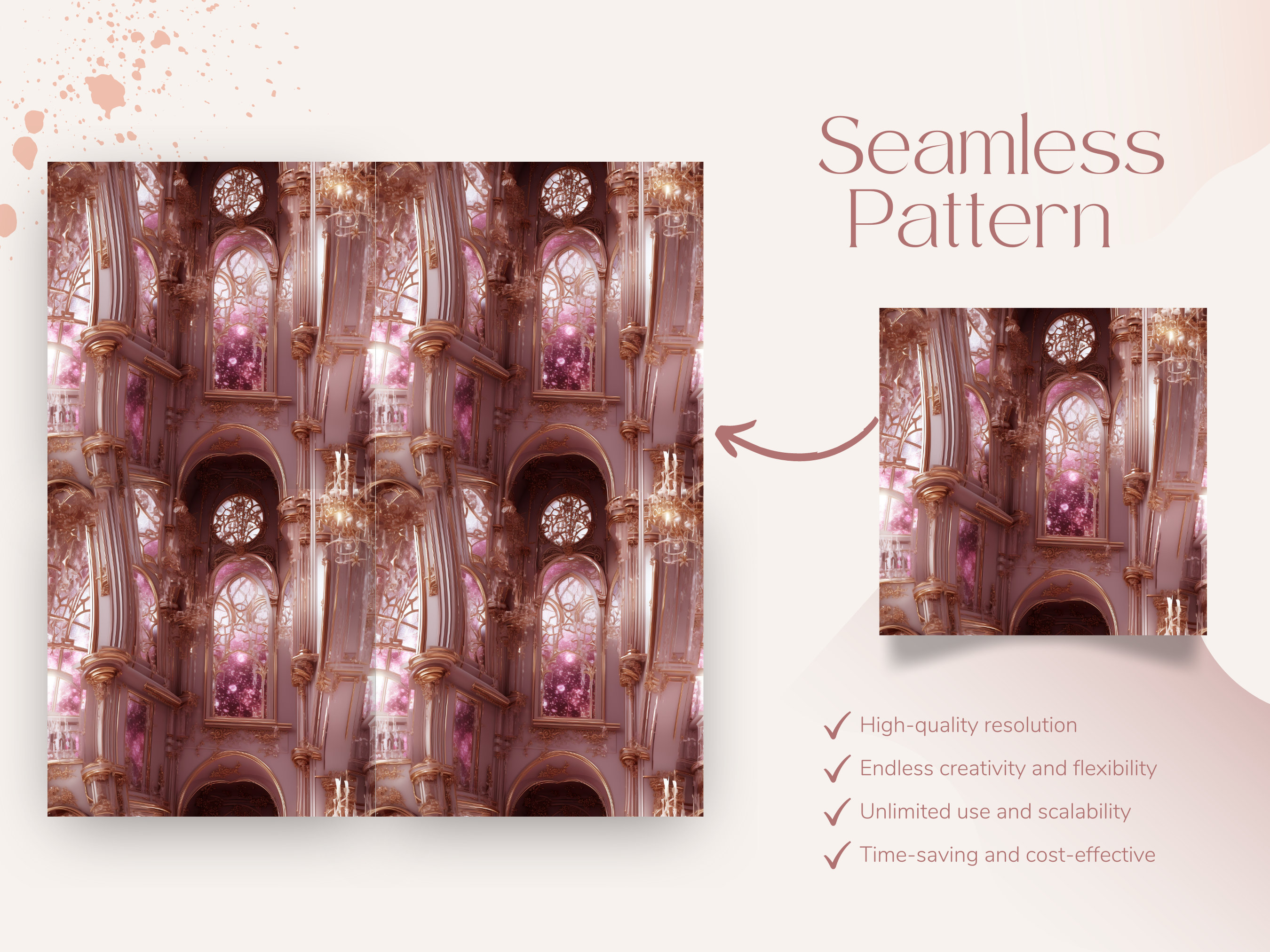 12 Pink & Gold Fantasy Castle Seamless Pattern | Dream Fairy Tale ...