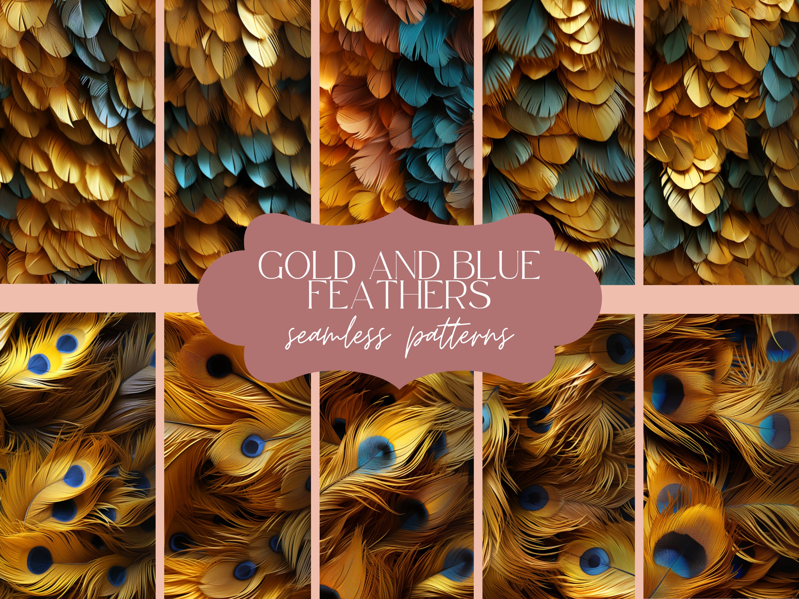 12 Blue and Gold Feathers Texture | Seamless Bird Pattern | Peacock ...