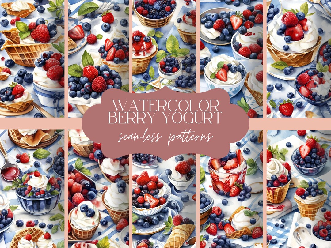 15 Berry Yogurt Pattern | Seamless Watercolor Waffles Texture | Ice ...
