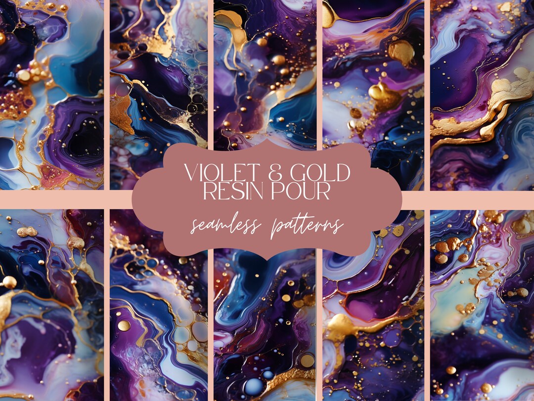 12 Violet & Blue Resin Pour Seamless Pattern | Gold Glitter Texture ...