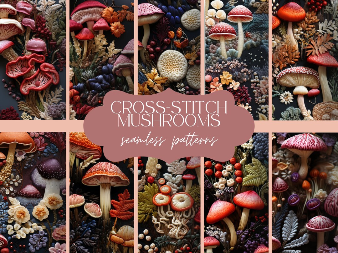 12 Embroidery Mushrooms Texture | Seamless Fall Nature Pattern | Plants ...