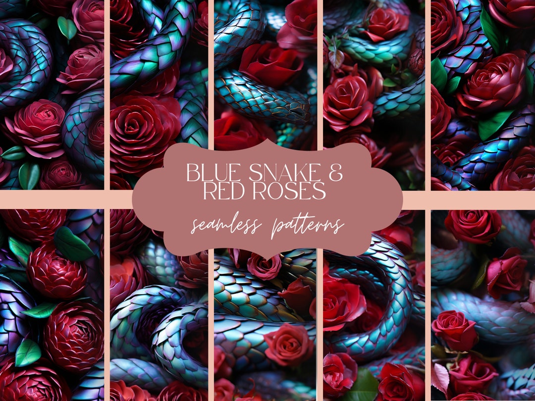 13 Blue Snake Red Roses Seamless Pattern | Reptilian Floral Texture ...