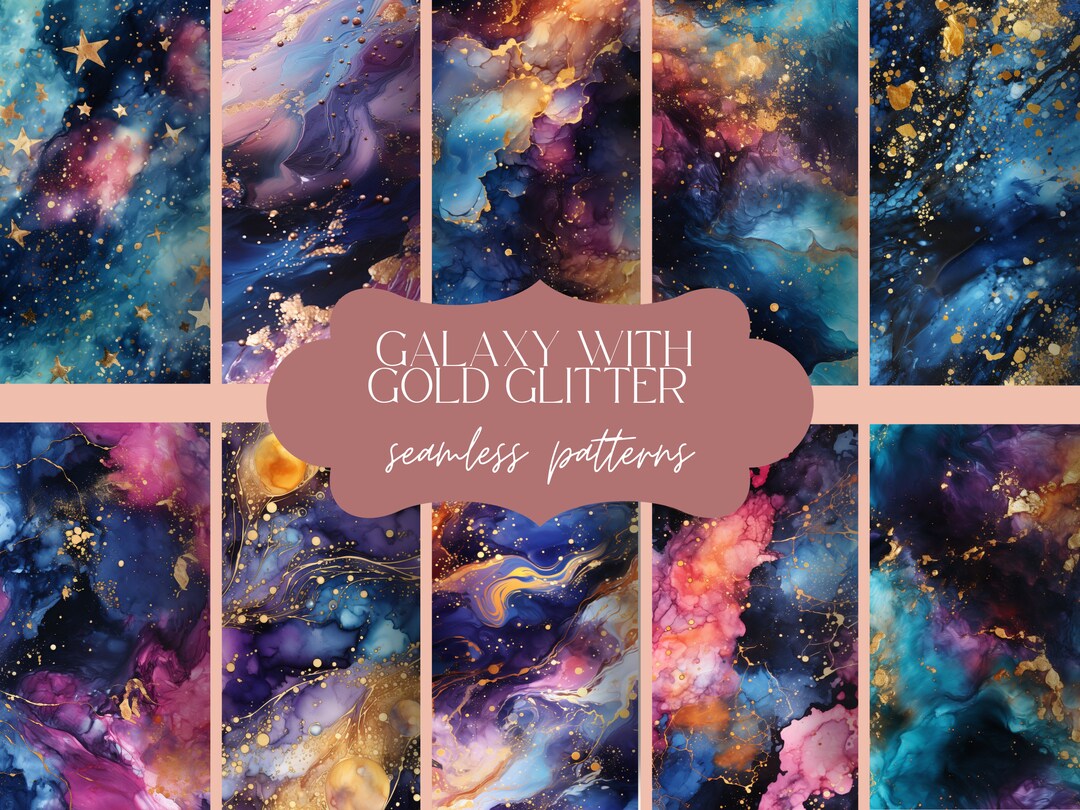 12 Gold Glitter Galaxy Seamless Pattern | Watercolor Space Texture ...