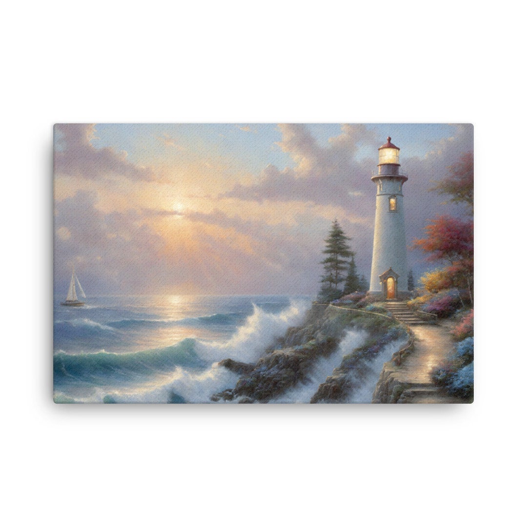 Calming Lighthouse Canvas Thomas Kinkade Inspired Painting Lighthouse ...