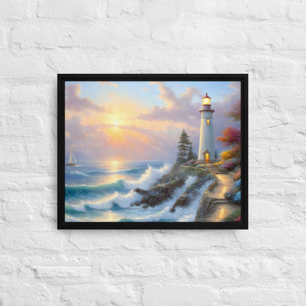 Framed Calming Lighthouse Thomas Kinkade Inspired Painting Lighthouse ...