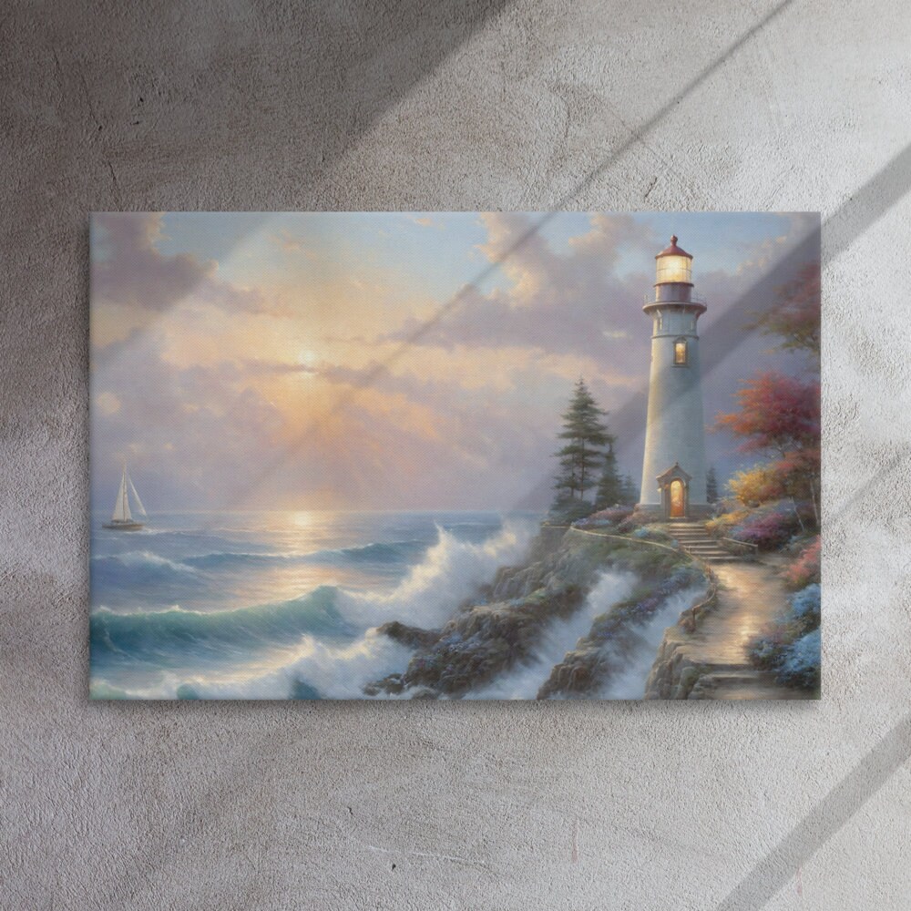 Calming Lighthouse Canvas Thomas Kinkade Inspired Painting Lighthouse ...