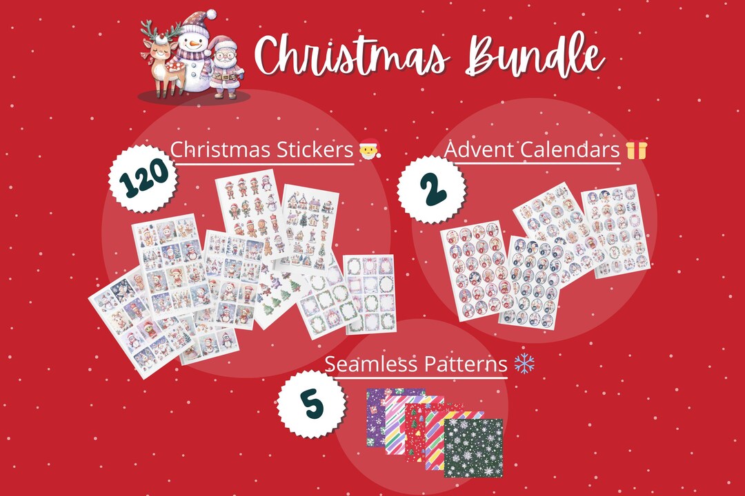 Festive Christmas Digital Bundle: Stickers, Advent Calendars, Seamless ...