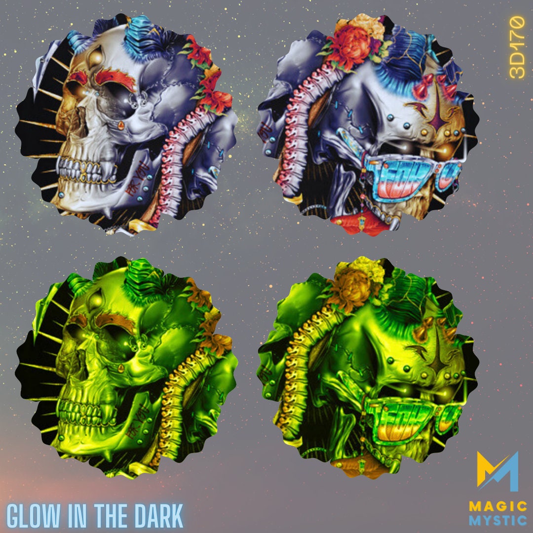 Black T-shirt Rock Chang Original Skulls Metallic Realistic Print Glow ...