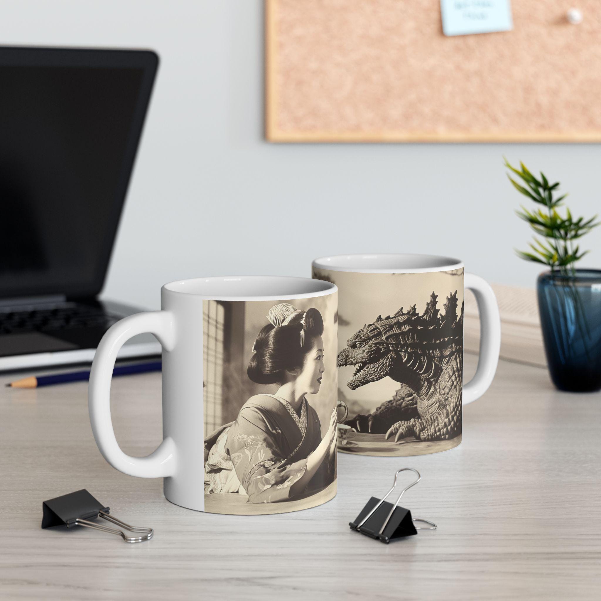 Kaiju Tea Party Showdown, Epic Geisha Meets Godzilla Coffee Mug - Etsy