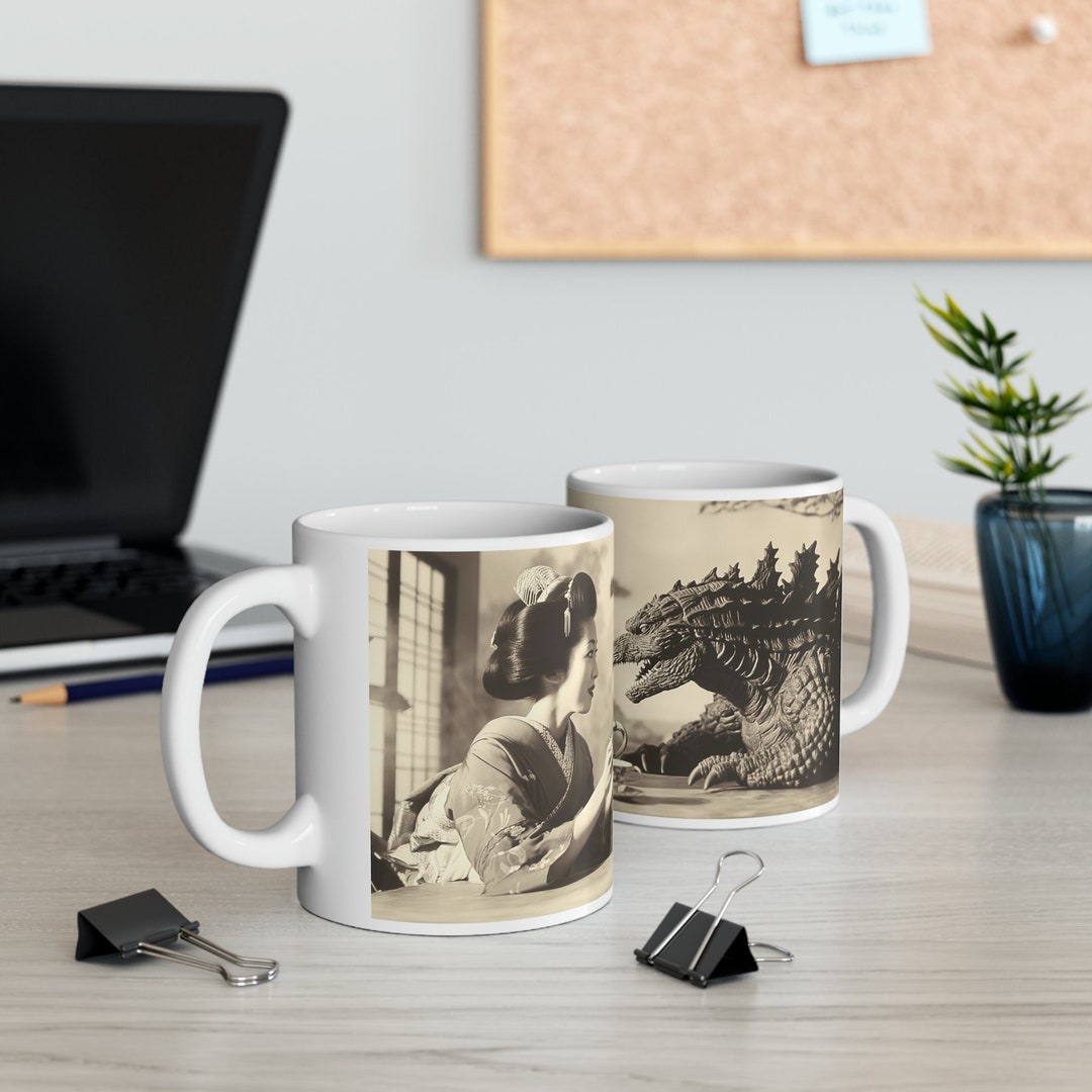 Kaiju Tea Party Showdown, Epic Geisha Meets Godzilla Coffee Mug 11oz - Etsy