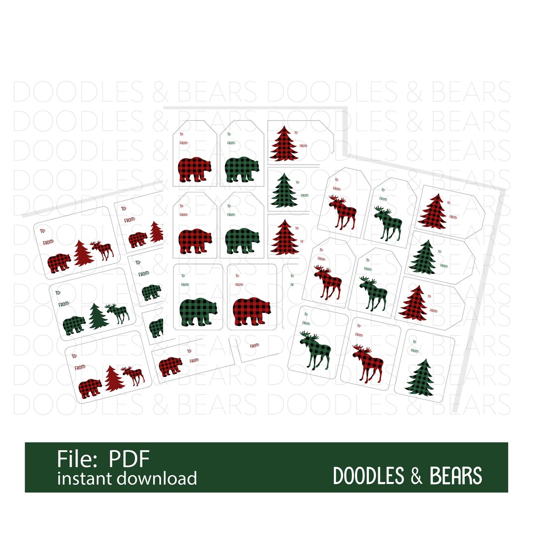 Northwoods Buffalo Plaid Bear and Moose Printable Gift Tags PDF, Bundle ...
