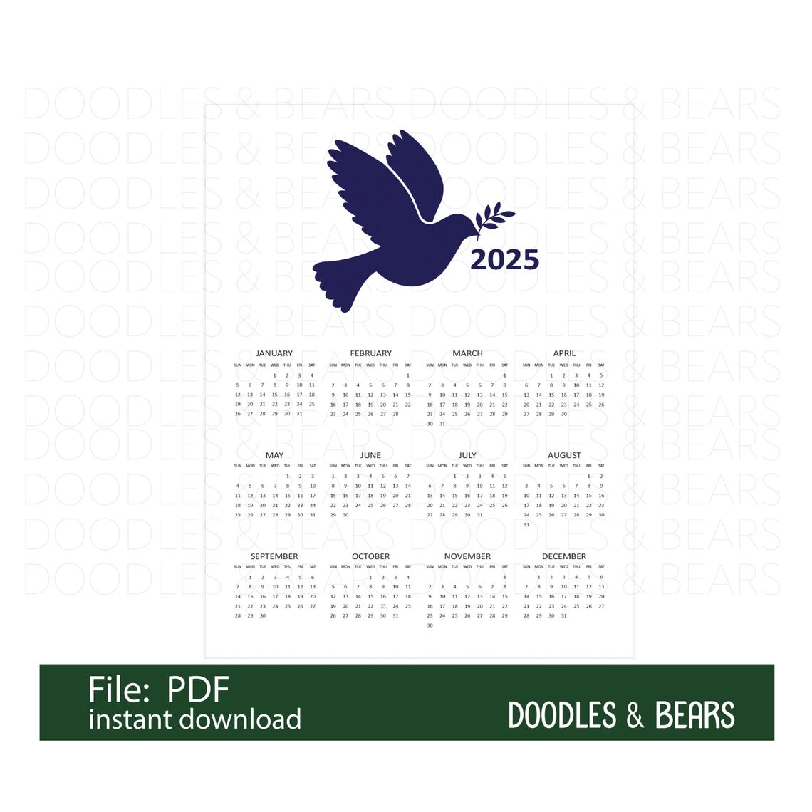 Peace Dove 2025 Calendar PDF, Printable Digital File, Peace Dove Design ...